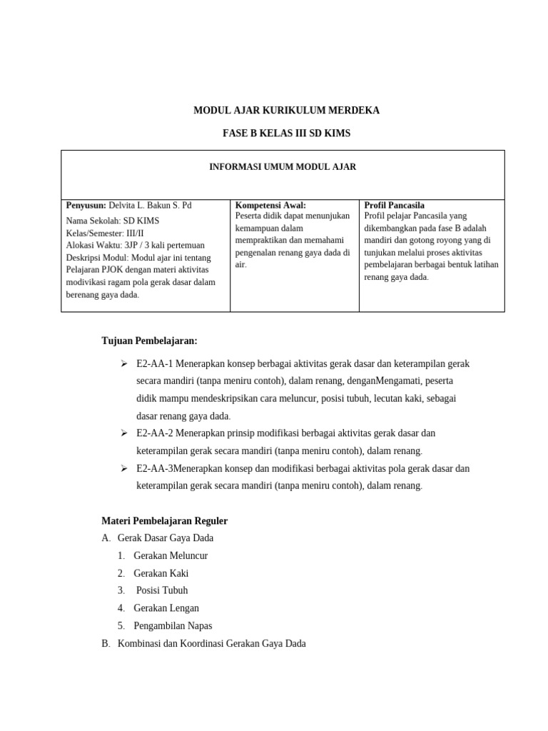 Modul Ajar Renang Gaya Dada Kelas 3 SD | PDF