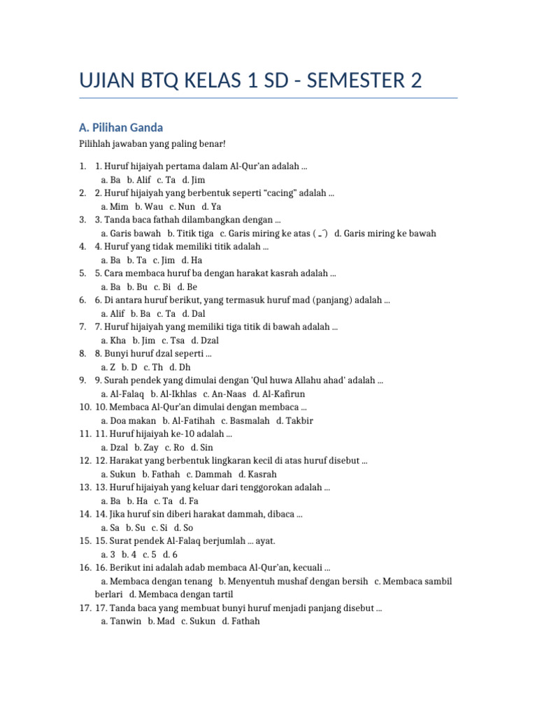 Soal Ujian BTQ Kelas1 Semester2 | PDF