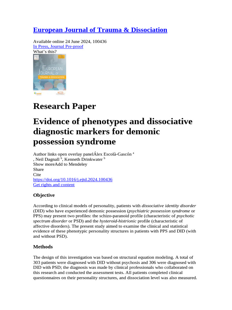 Drinkwater - Evidence of Phenotypes and Dissociative Diagnostic Markers ...