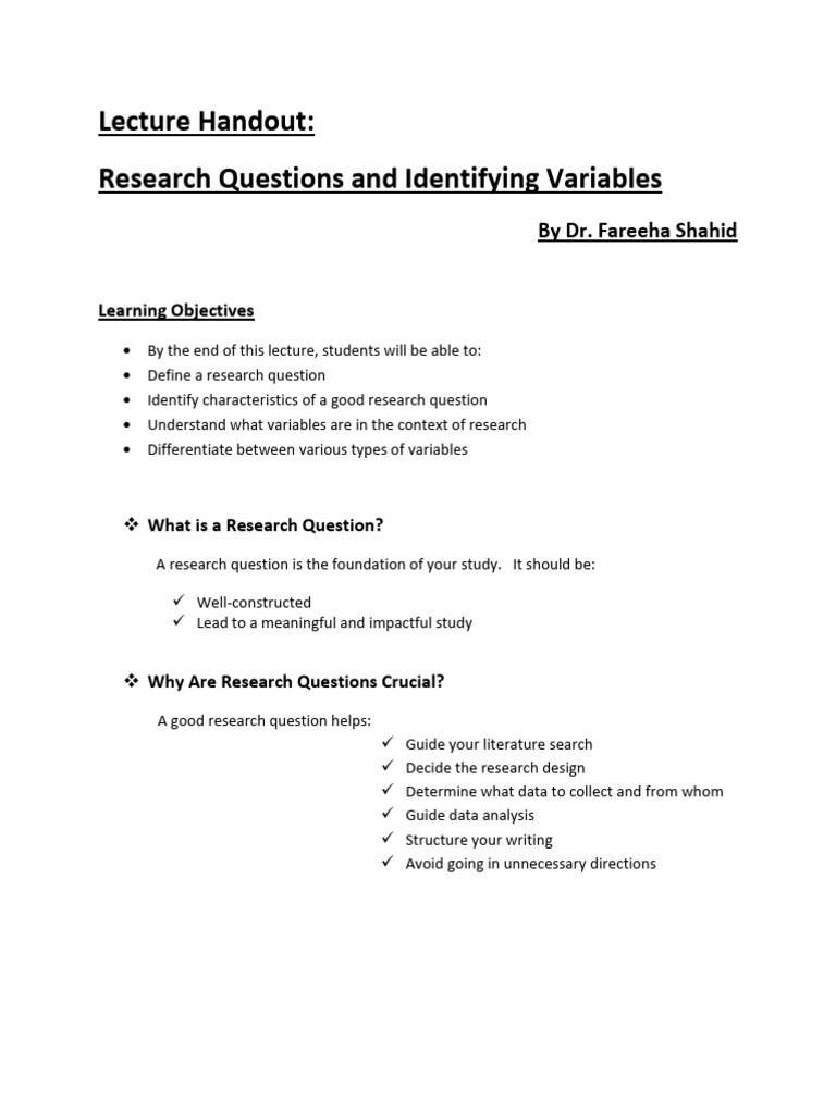 Lecture Handout On Research Question 3rd Year | PDF | Dependent And Independent Variables ...