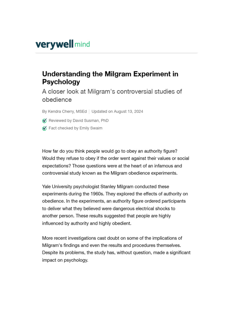 Article-Understanding The Milgram Experiment | PDF | Organizational ...