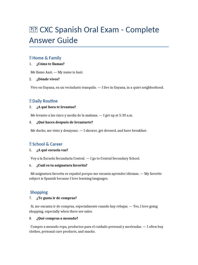 CXC Spanish Oral Complete Answers | PDF