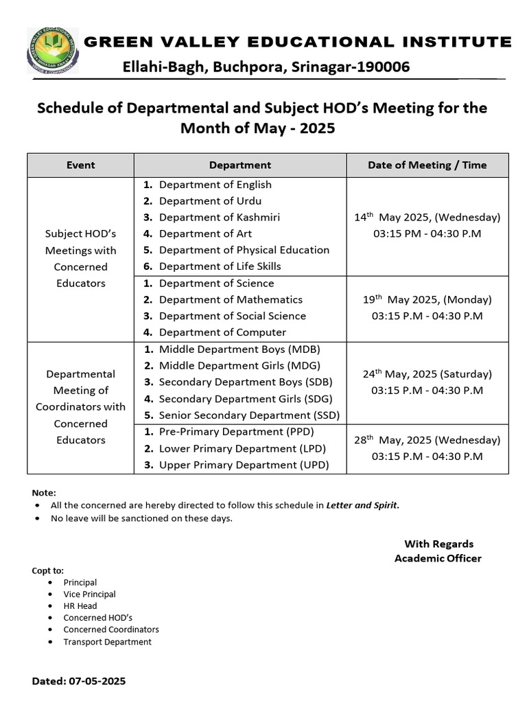Schedule of Departmental and Subject HOD's Meeting For The Month of May ...