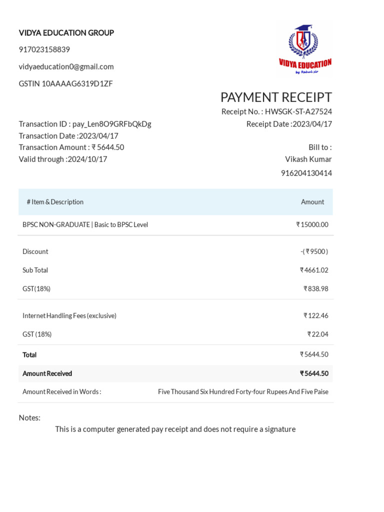 Vidya Education Fee Receipt | PDF