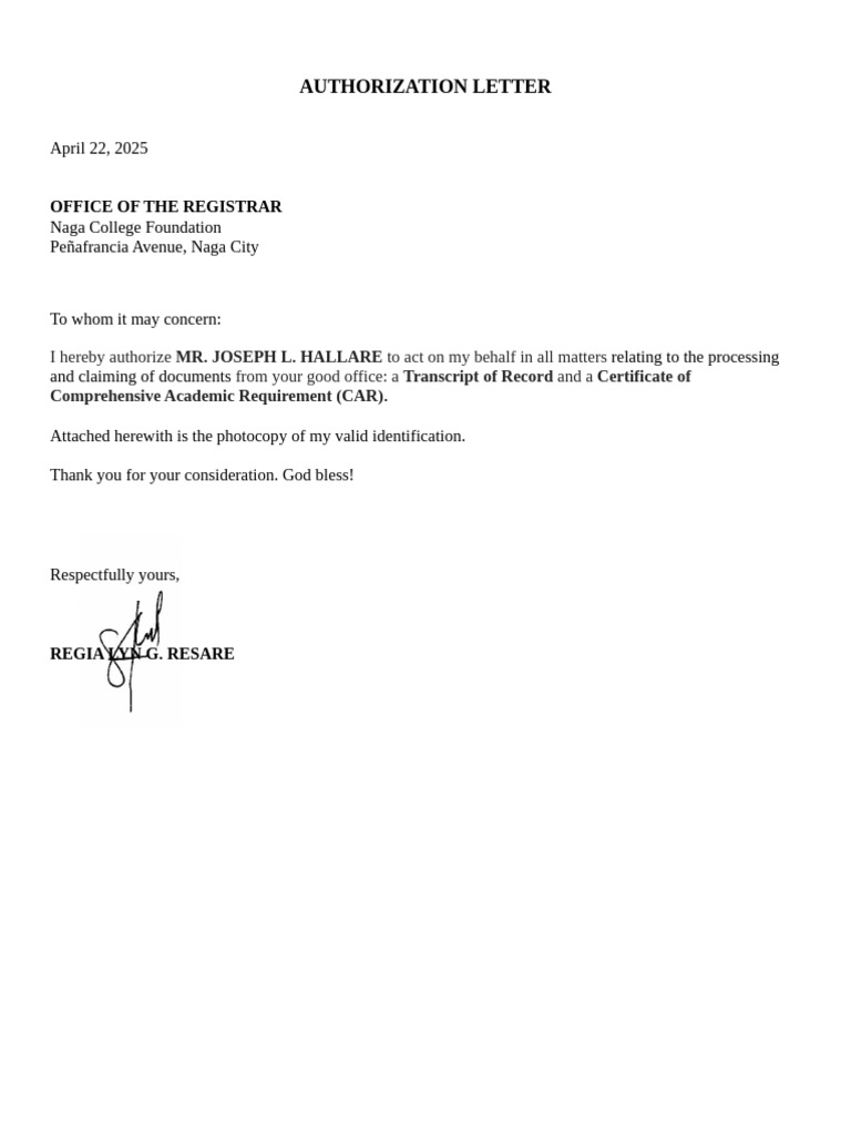 Authorization Letter NCF | PDF