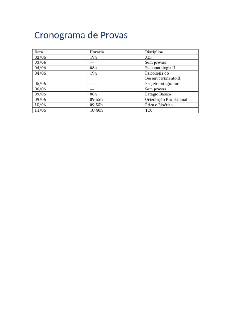 Cronograma de Provas | PDF