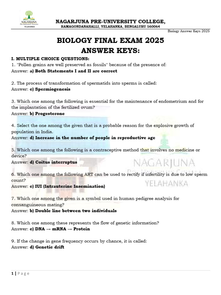 Biology Answer Key Final Exam 2025 | PDF | Dominance (Genetics) | Genetic Code