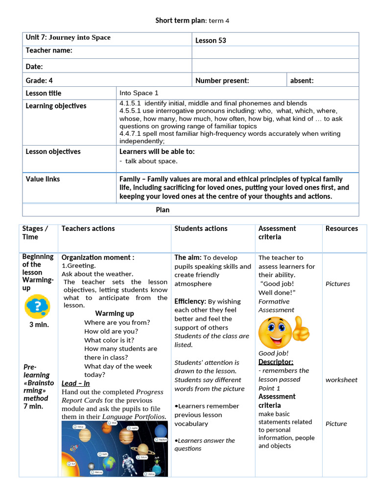 Grade 4 Space Lesson Plans | PDF | Learning | Vocabulary