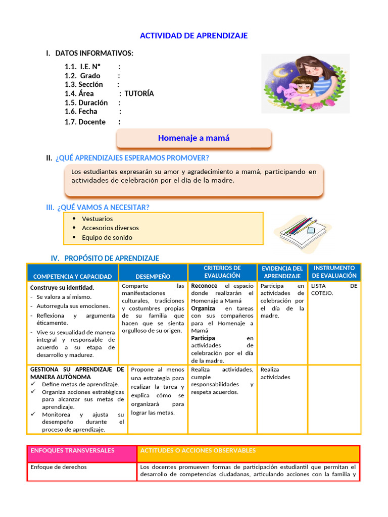 D1 A3 SESION TUT. Homenaje A Mamá | PDF | Aprendizaje