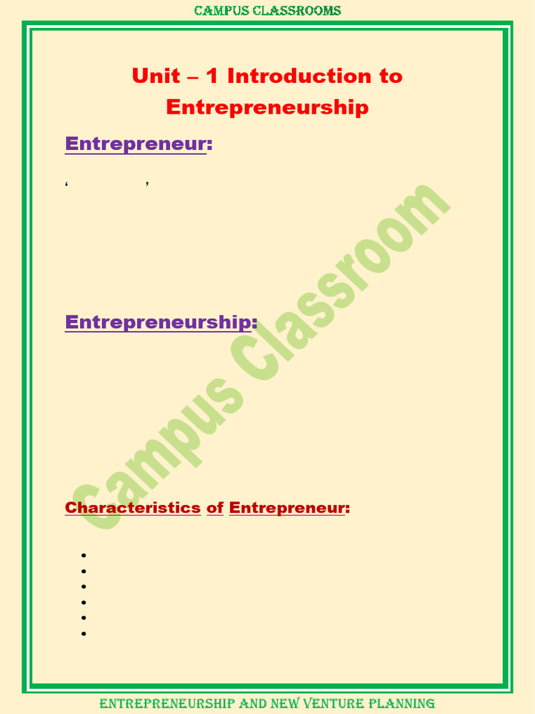 Entrepreneurship and Venture Planning Unit 1 | PDF | Entrepreneurship ...