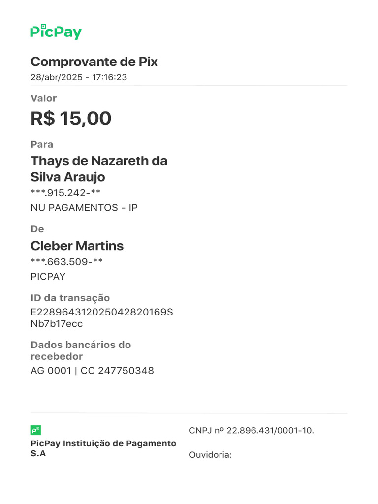 Comprovante - Picpay - Pix - 28 04 2025 17 16 32 | PDF