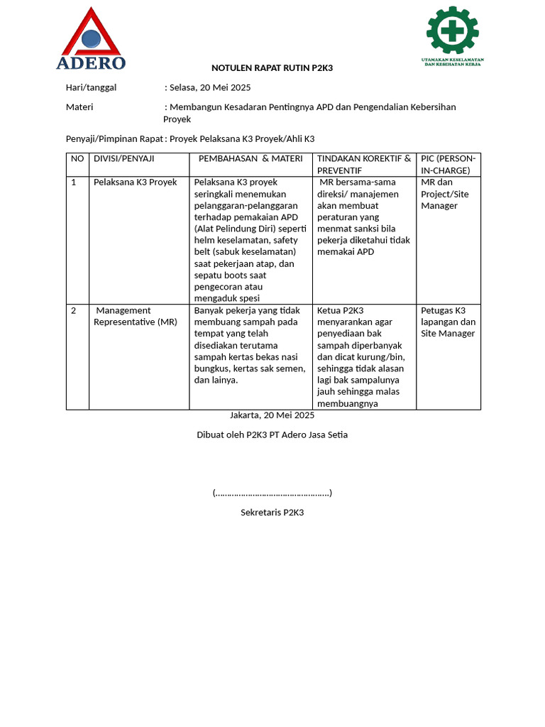 Notulen Rapat Rutin P2K3 | PDF