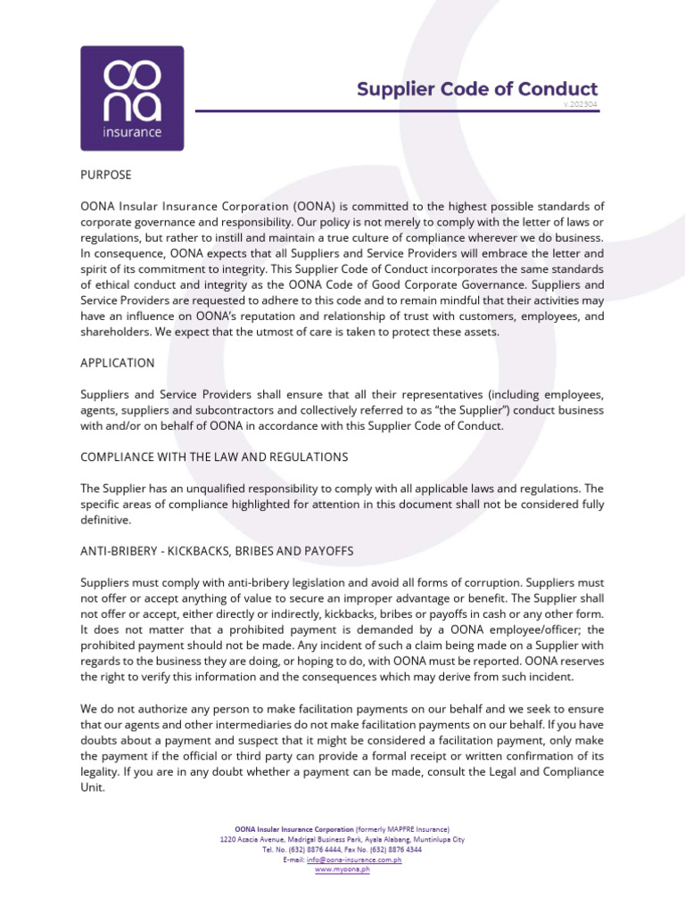 Oona - Supplier Code of Conduct (Fillable) 1 - Compressed | PDF ...