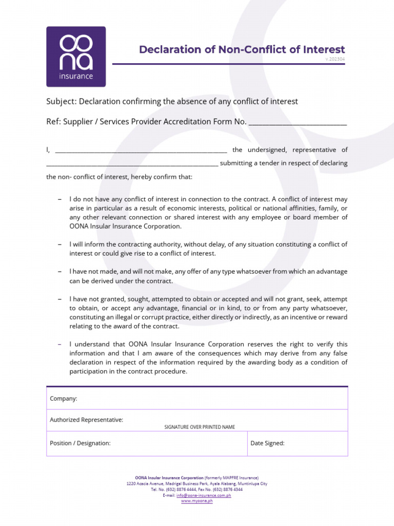 Oona - Declaration of Non-Conflict of Interest (Fillable) 1 | PDF ...
