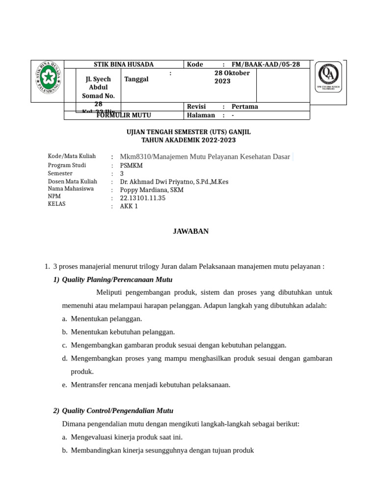 Uts Manajemen Mutu Pelayanan Kesehatan Dasar Poppy Mardiana | PDF