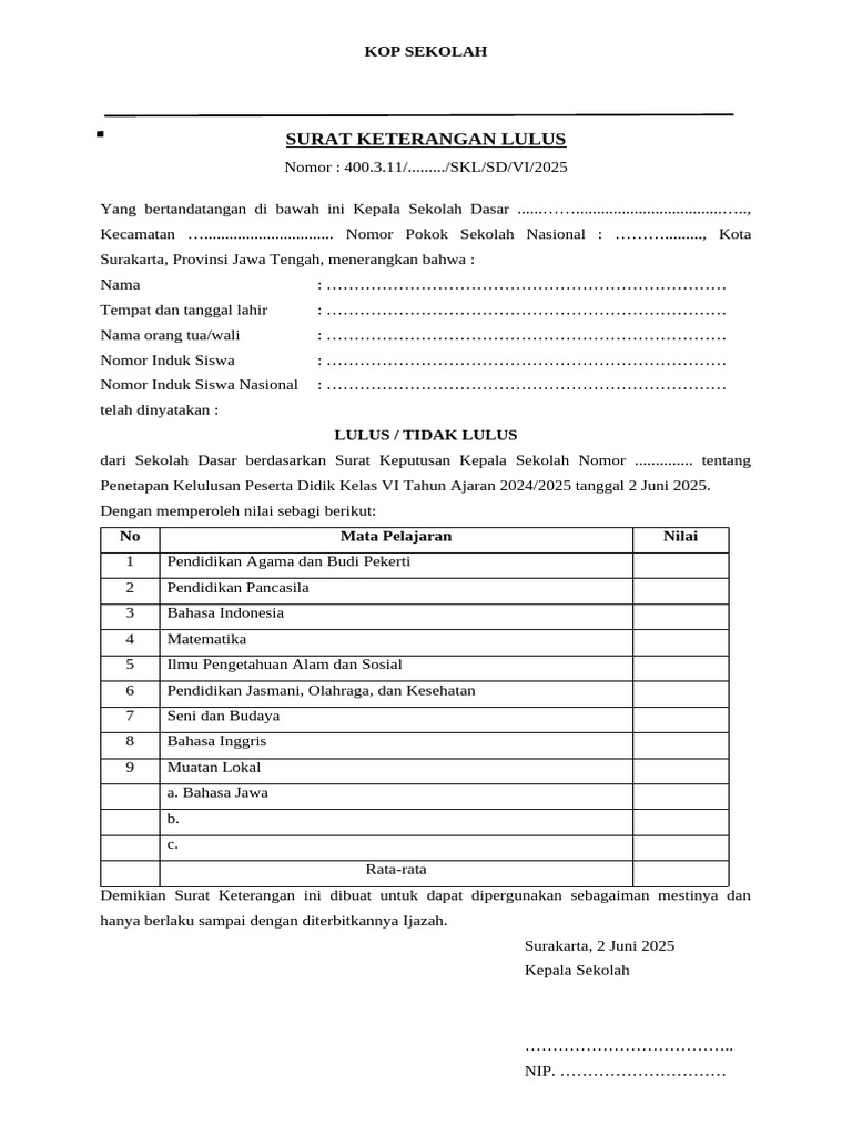 Surat Keterangan Lulus SD 2025 | PDF