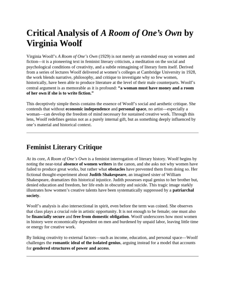 Critical Analysis of A Room of One's Own by Virginia Woolf | PDF | A ...