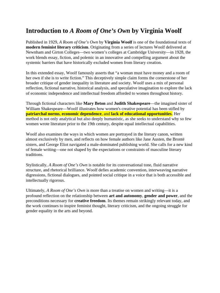 Introduction Ot A Room of One's Own by Virginia Woolf | PDF | A Room Of ...