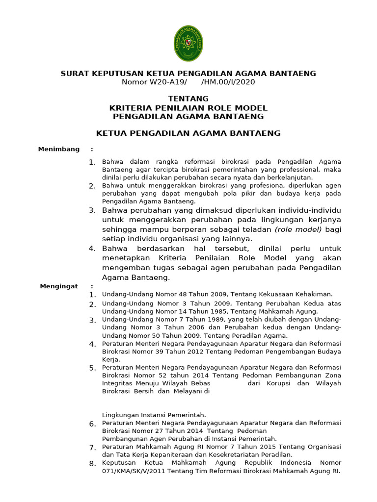 SK. Kriteria Penilaian Role Model | PDF