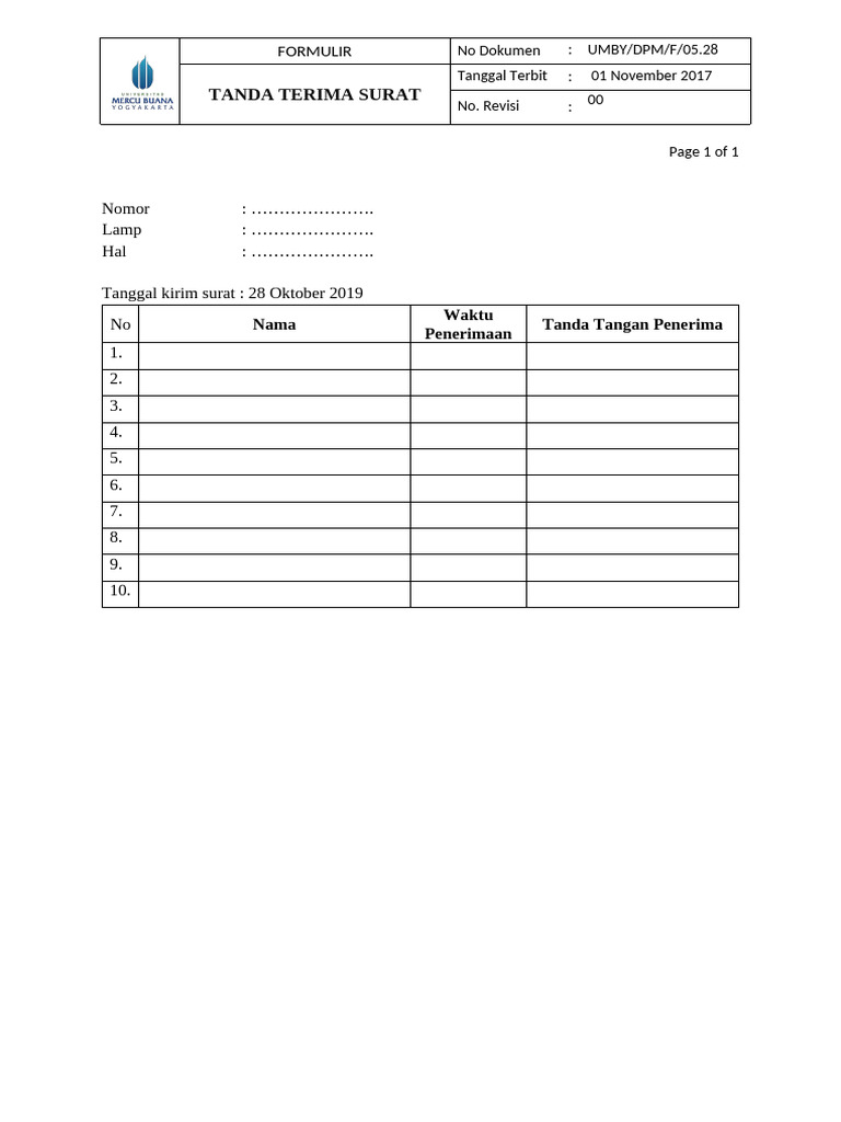 contoh Form Tanda Terima Surat | PDF