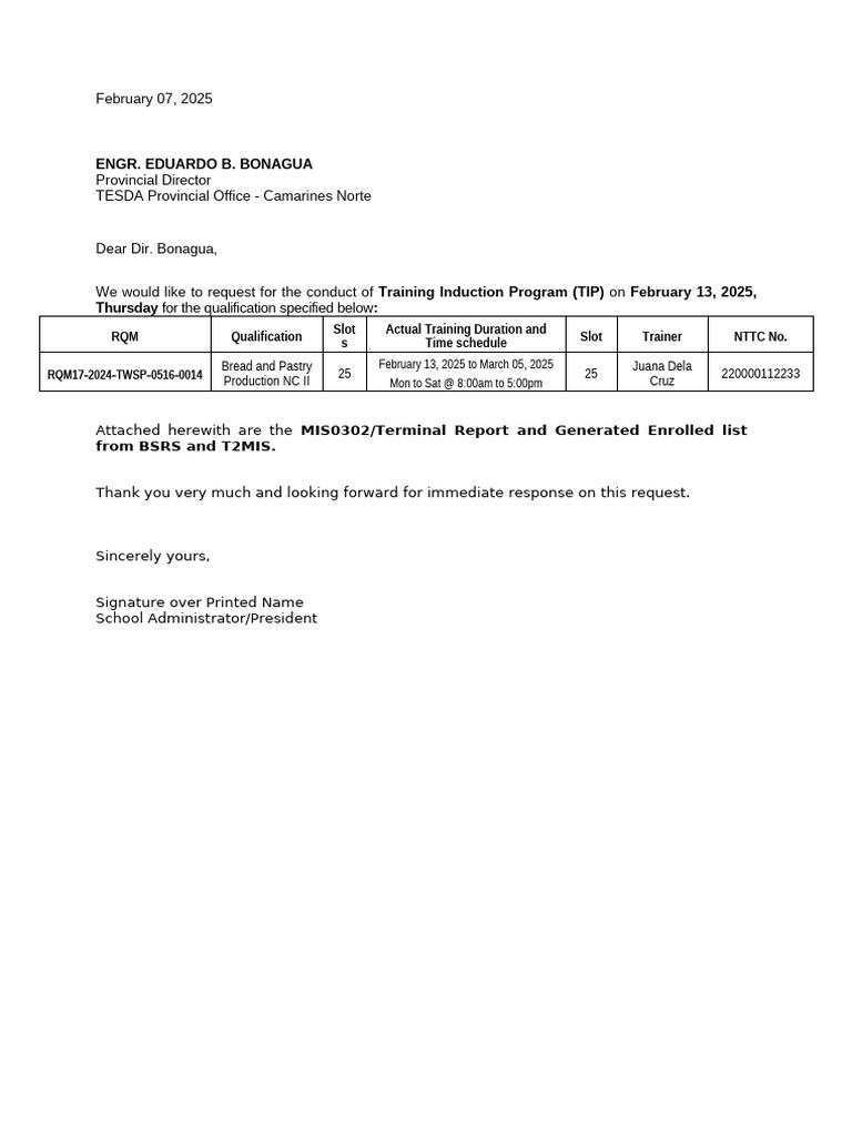 Transmittal Format Request Letter For TIP | PDF