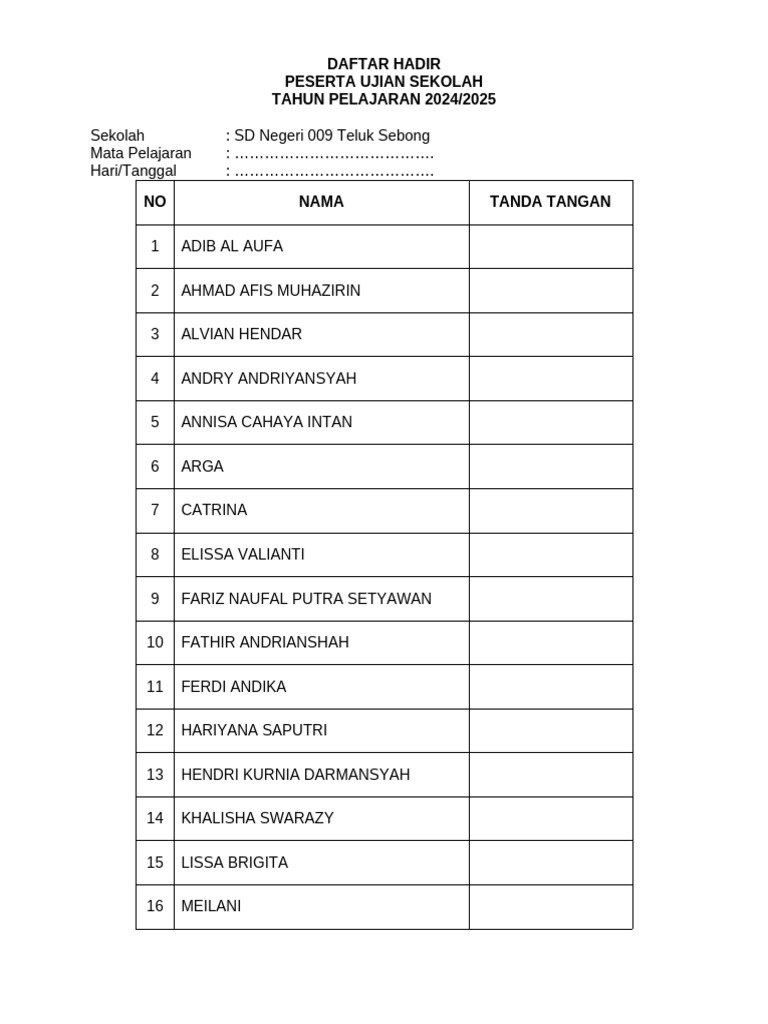Daftar Hadir Uas 2025 | PDF