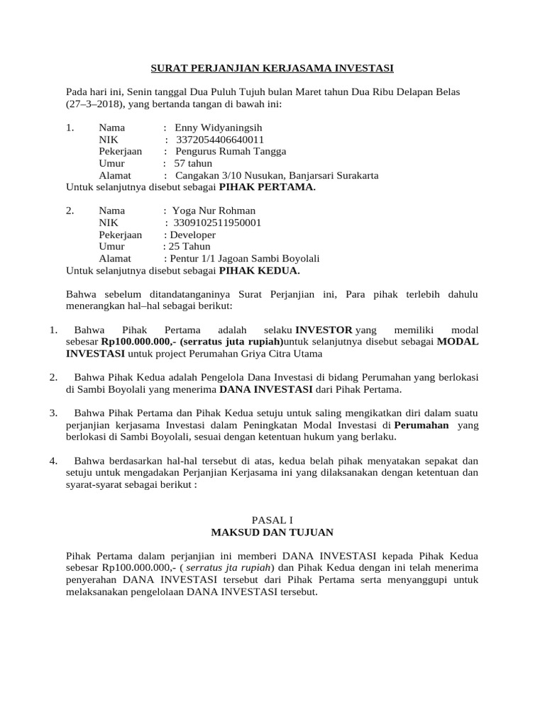 Surat Perjanjian Kerjasama Investasi | PDF
