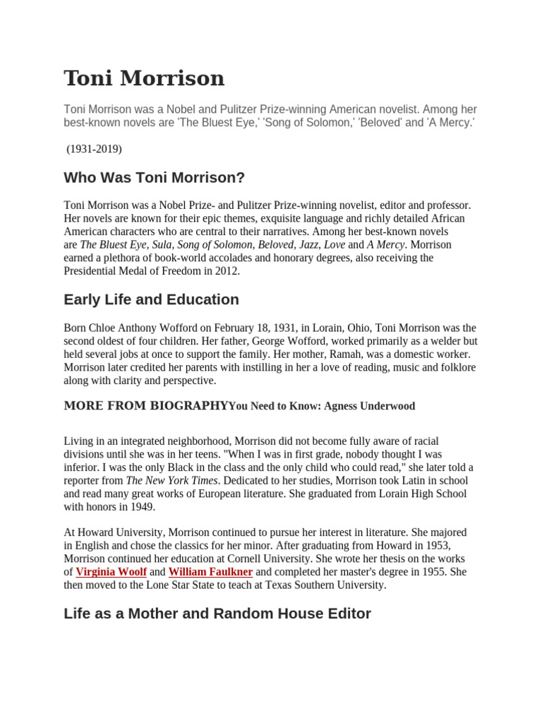 Toni Morrison: Life and Achievements | PDF