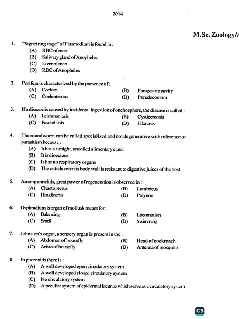 M.Sc. Zoology Question Papers PDF | PDF