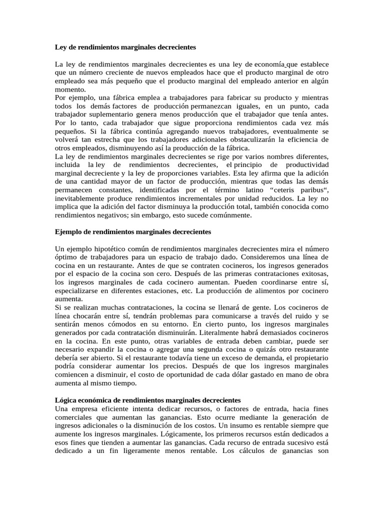 Ley de Rendimientos Marginales Decrecientes | PDF | Negocios económicos ...