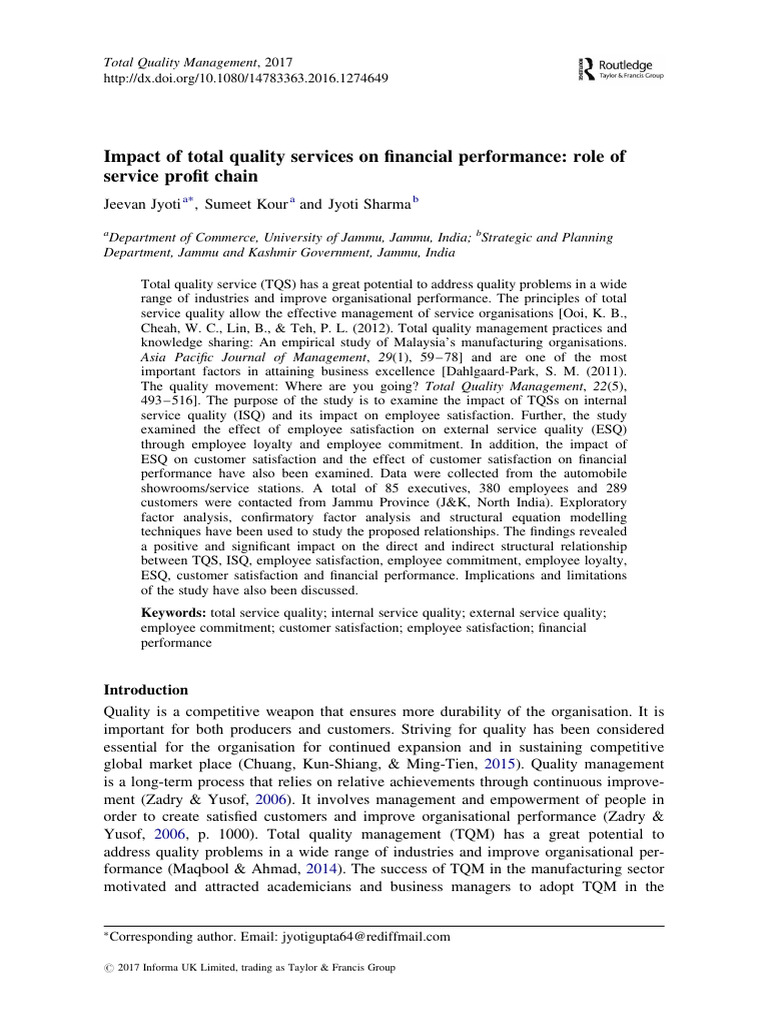 Impact of Total Quality Services On Fina | PDF | Business