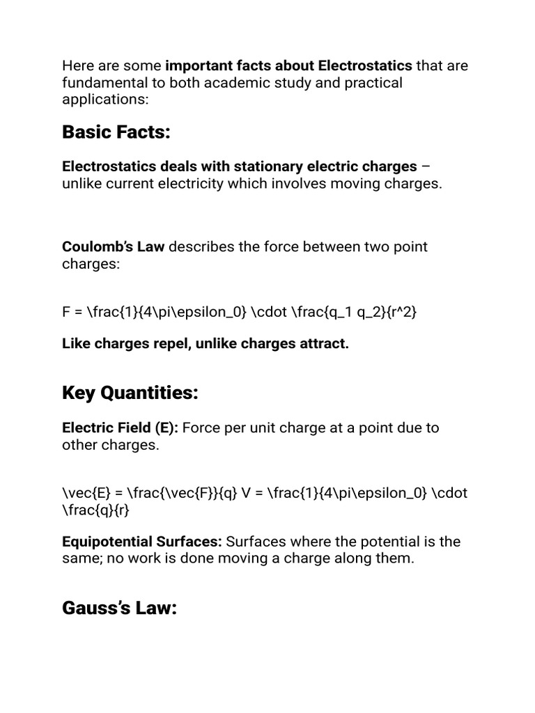 Some Important Facts of Electrostatics | PDF