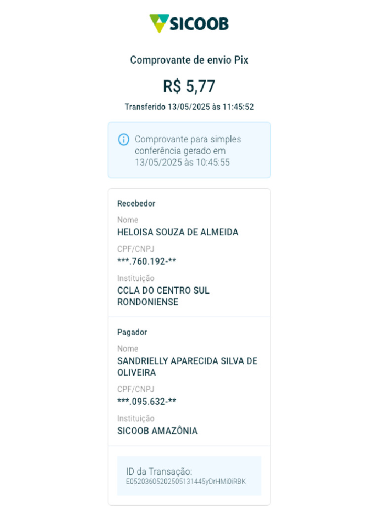 Sicoob Comprovante (13-05-2025 - 10-45-58) | PDF