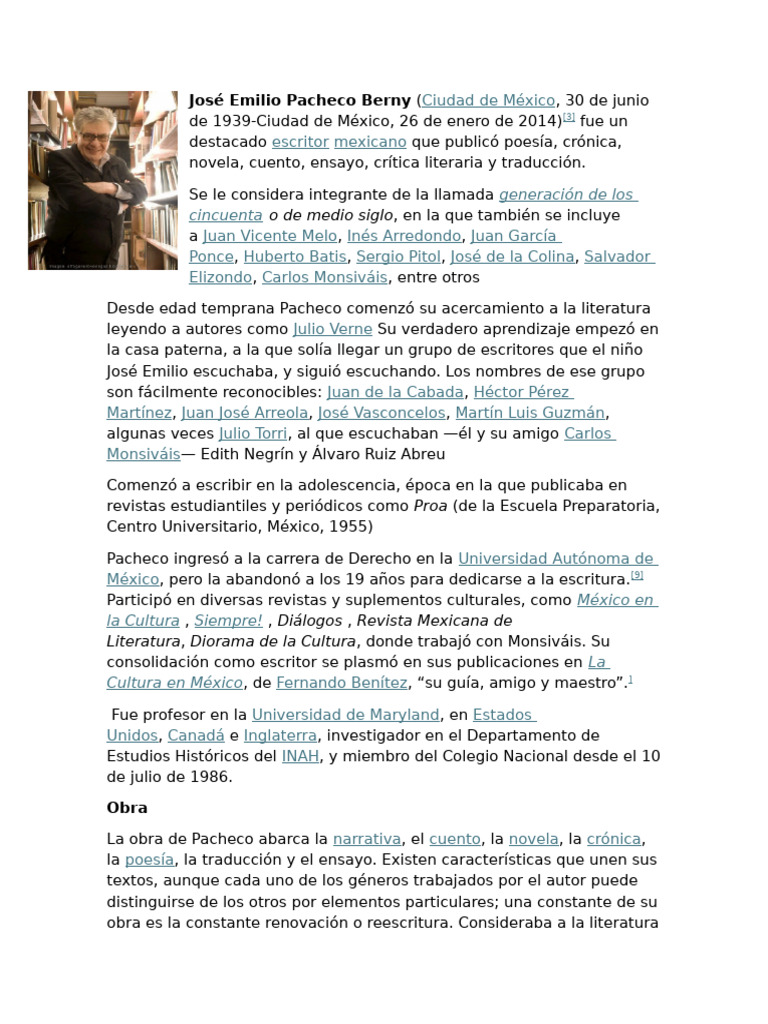 José Emilio Pacheco: Vida y Obra | PDF