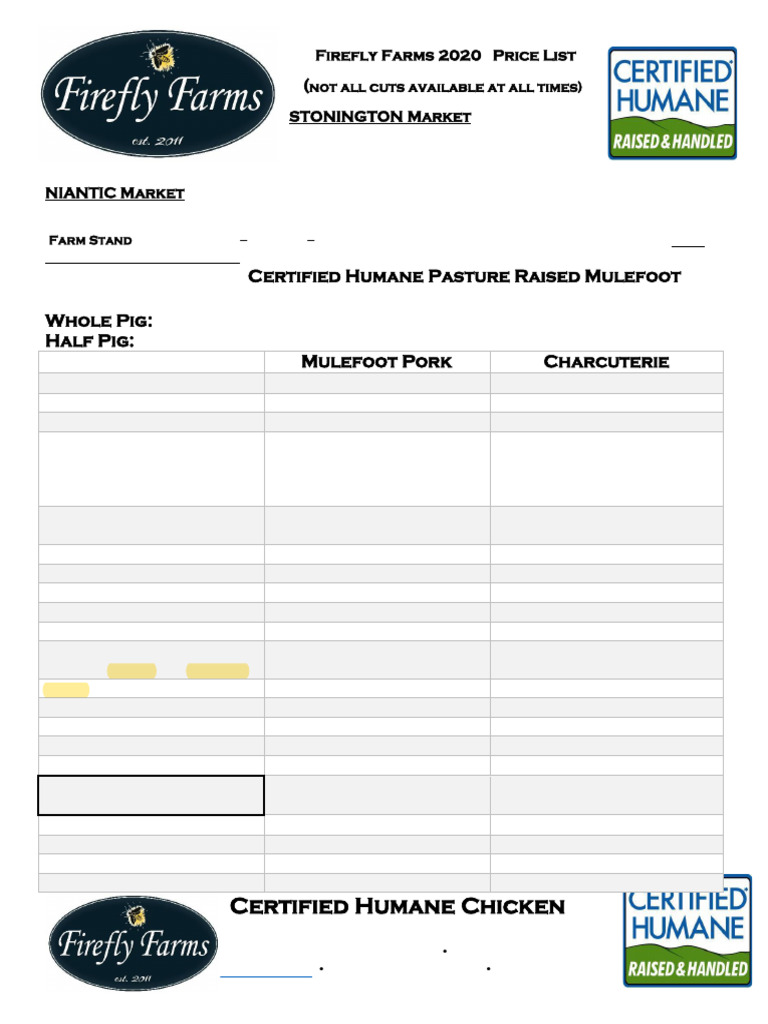 FireFly Farms - Certified Humane - Price List | PDF | Steak | Bacon