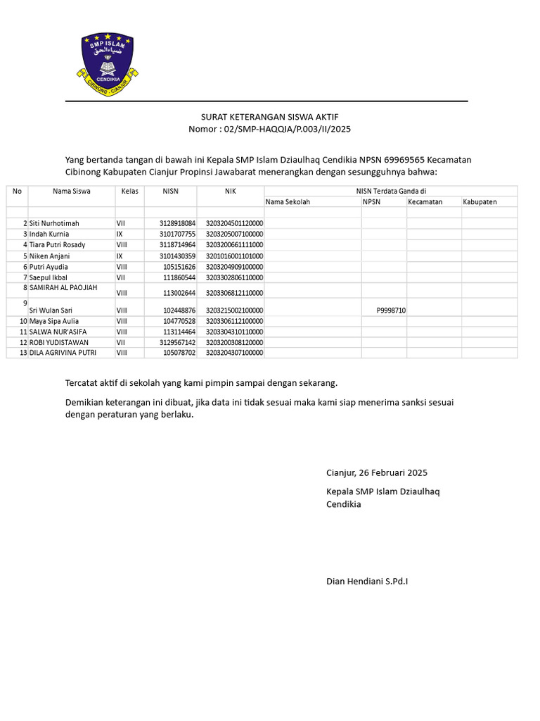 Format Surat Siswa Aktif Dziaulhaq Cendikia | PDF