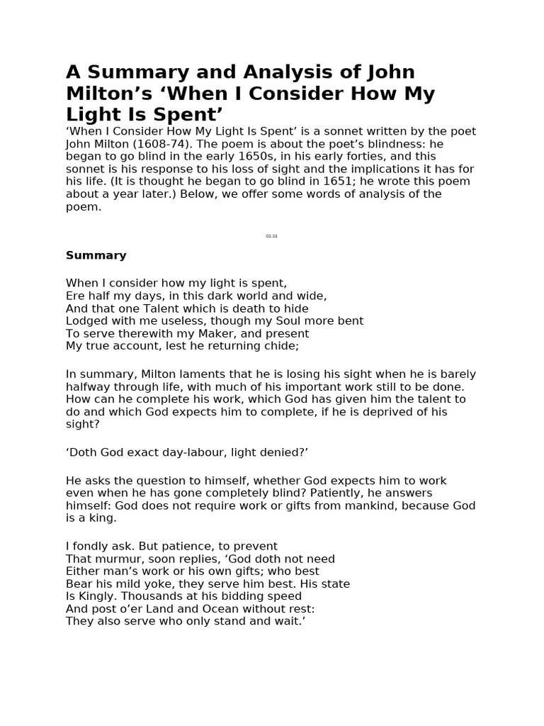 A Summary and Analysis of John Milton | PDF | John Milton | Sonnets