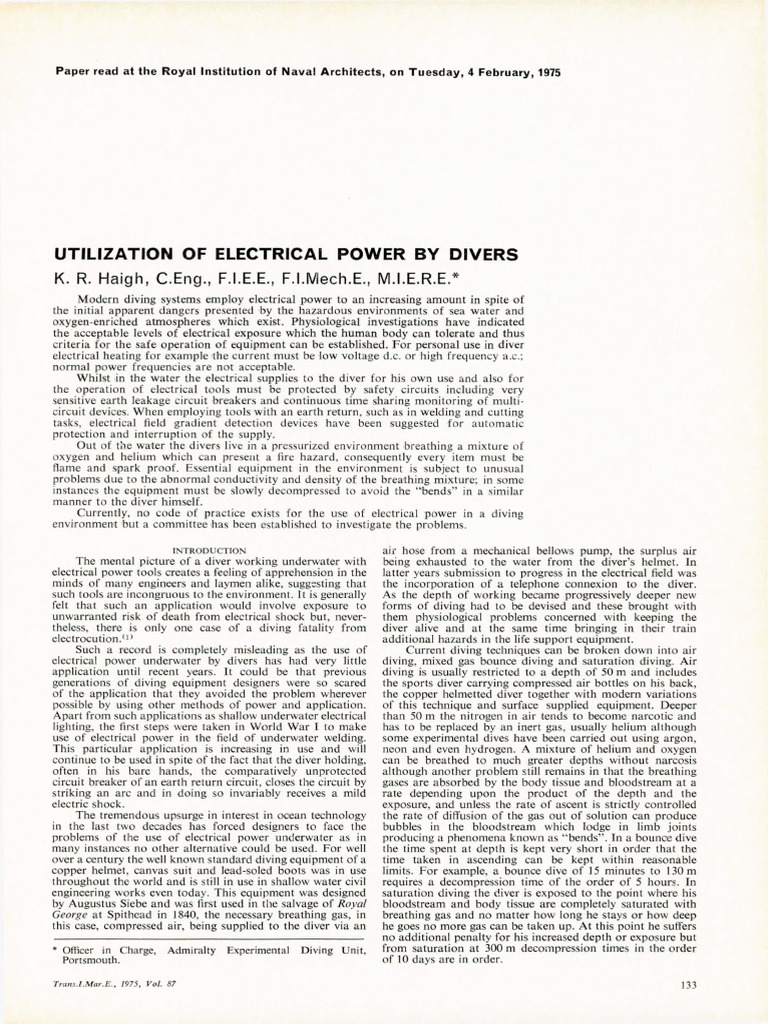 Utilization of Electrical Power by Divers | PDF | Underwater Diving | Combustion