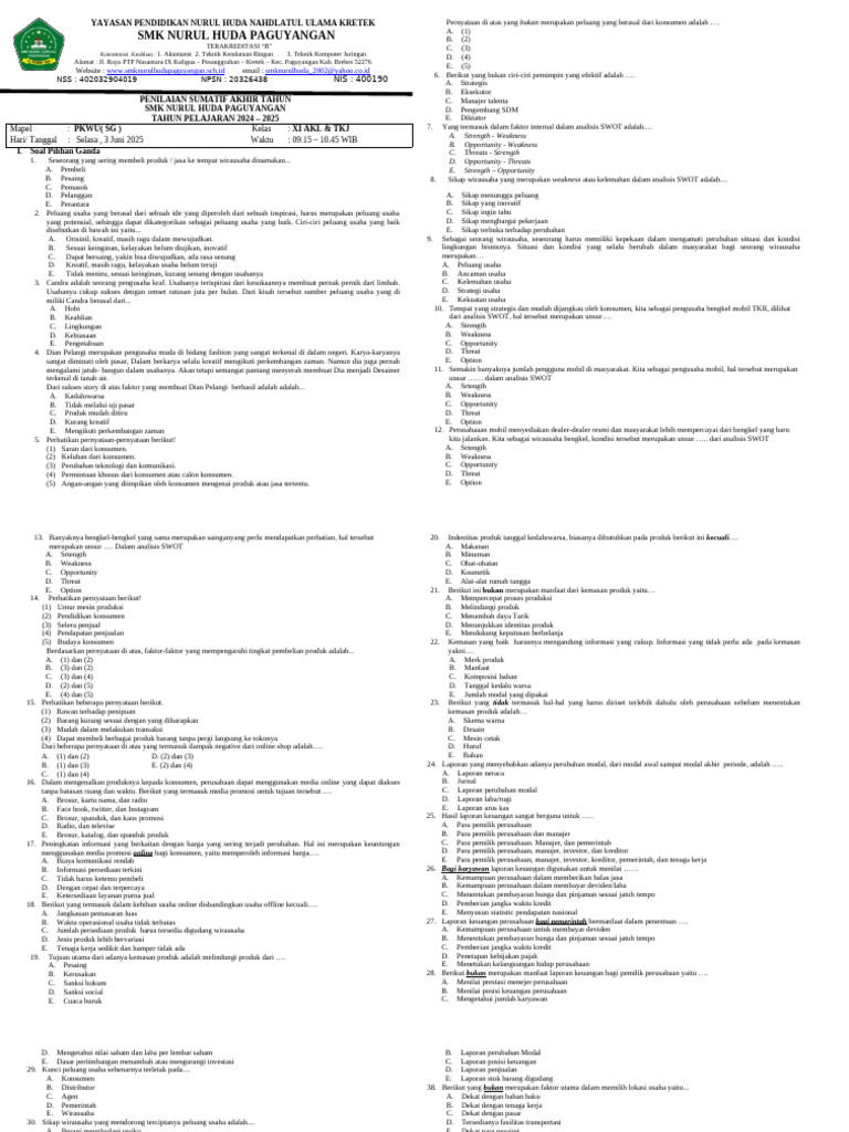 Soal Sem Genap PKWU Kelas XI (2025) | PDF