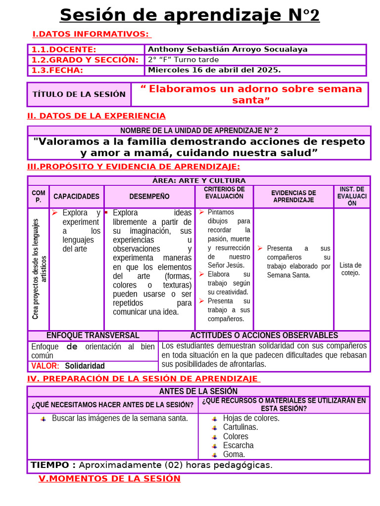 2do - U2 - Arte y Cultura - Sesión 1 - Elaboramos Un Adorno Por Semana Santa | PDF | Aprendizaje ...