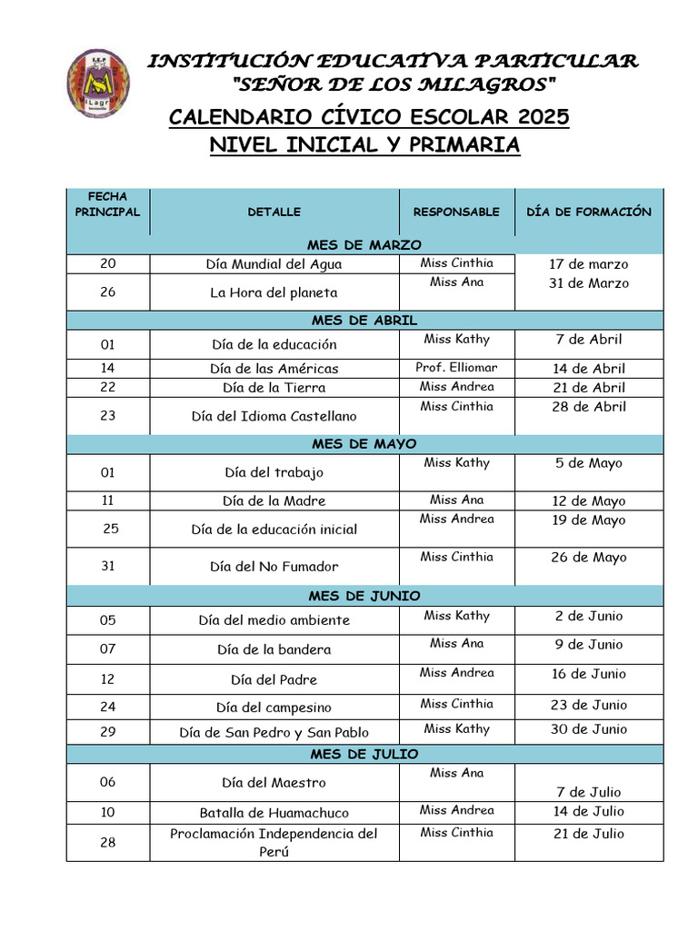 Calendario Cívico Escolar 2025 | PDF | América del Sur
