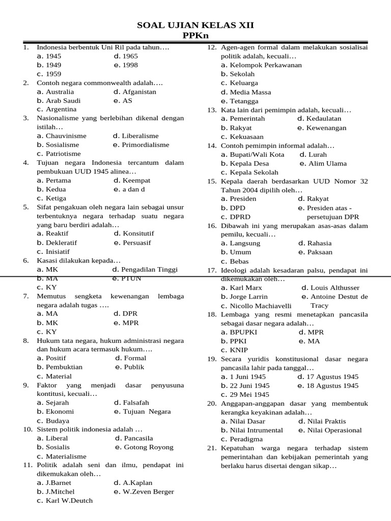 SOAL UJIAN PPKn KELAS XII TAHUN 2025 | PDF