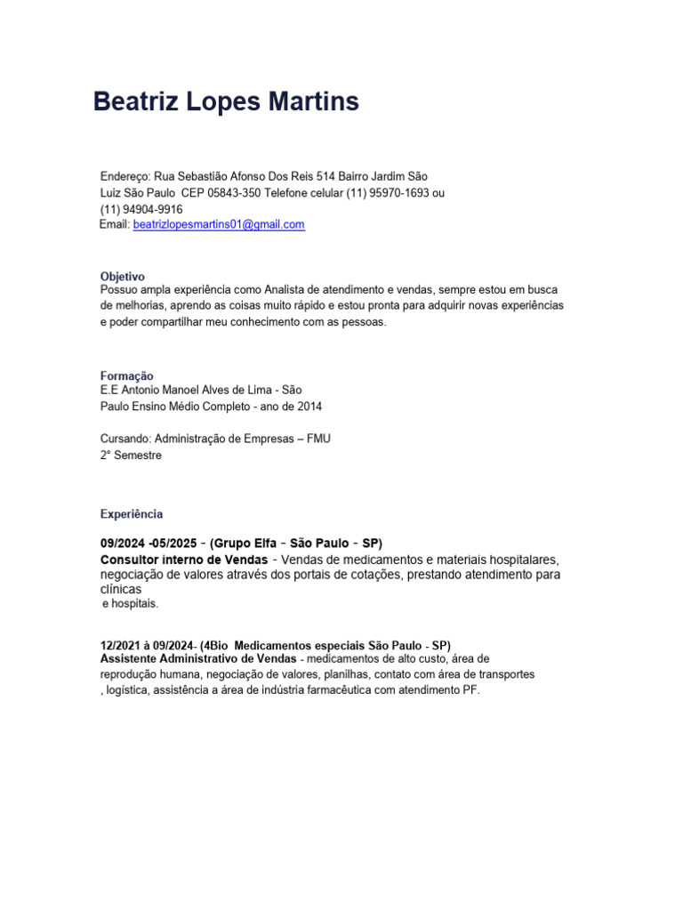 Curriculo Bia Atualizado | PDF