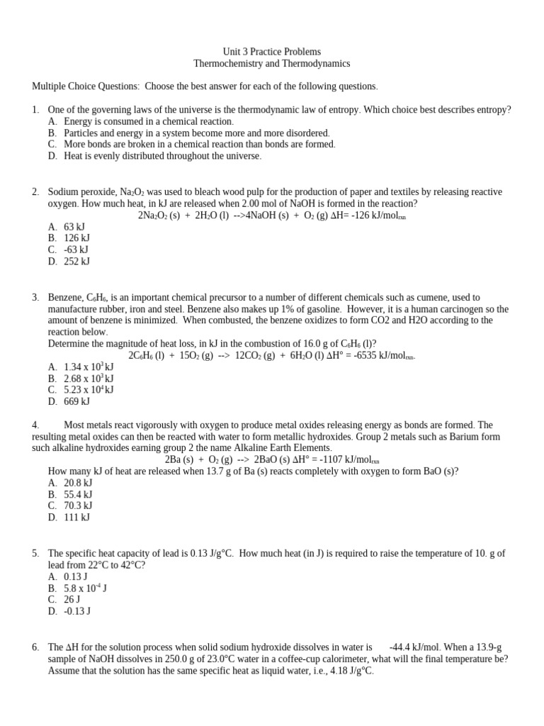 Thermodynamics Practice MC | PDF | Chemical Reactions | Sulfur