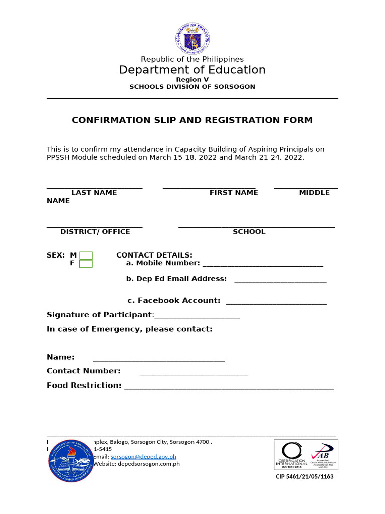 Confirmation Slip Reg. Form | PDF