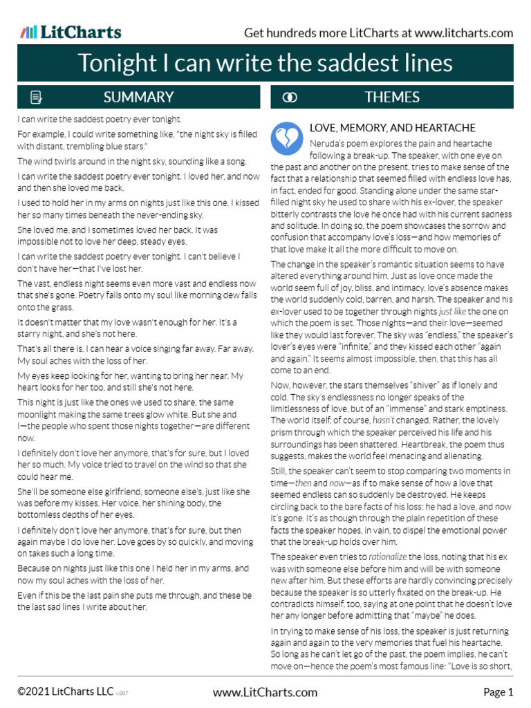 LitCharts-tonight-i-can-write-the-saddest-lines | PDF | Poetry | Love