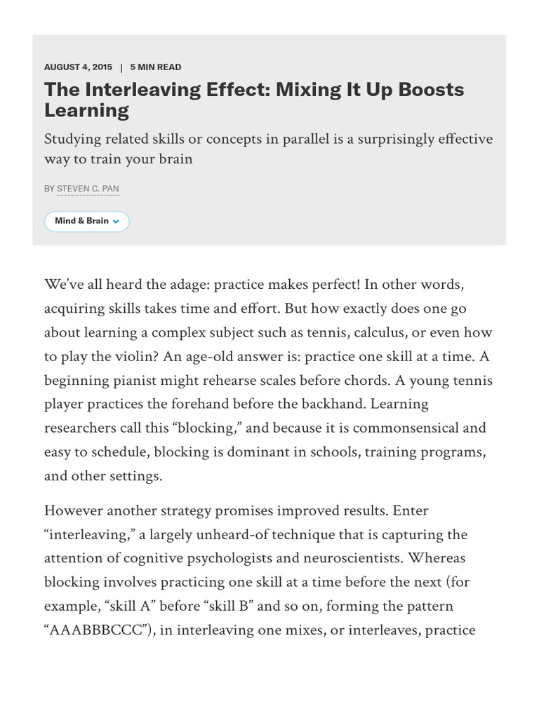 The Interleaving Effect - Mixing It Up Boosts Learning - Scientific ...