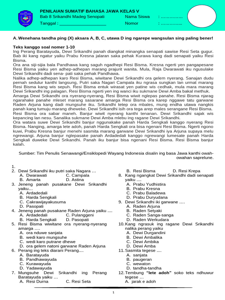 BJawa - UH Srikandhi Madeg Senopati 2 - Kls 5 | PDF