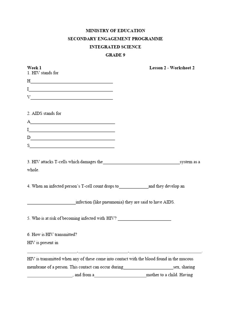 Grade 9 HIV/AIDS Integrated Science Worksheet | PDF | Sexually ...