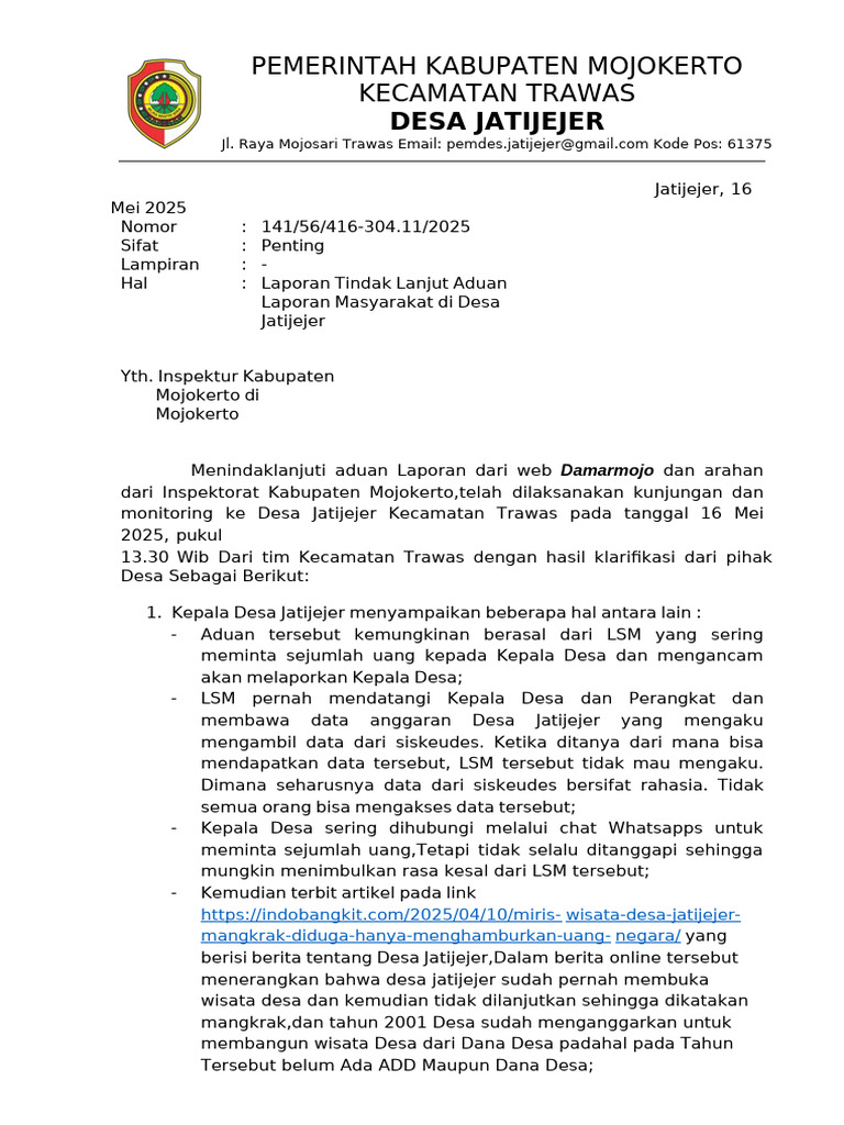 Laporan Tindak Lanjut Aduan Laporan Masyarakat Di Desa Jatijejer | PDF